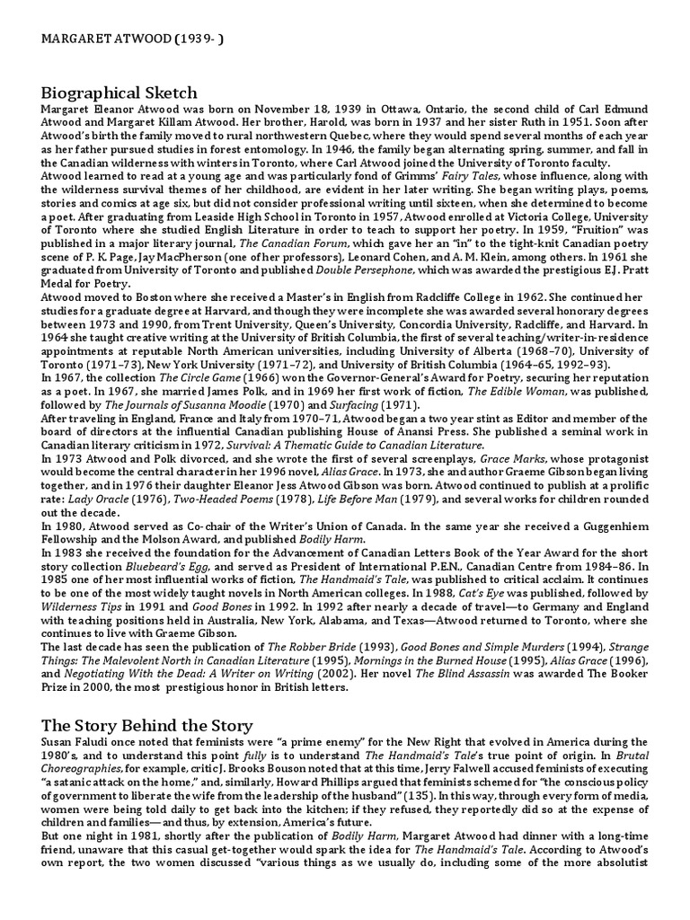 Biographical Sketch: Margaret Atwood (1939-) | PDF | History | General ...