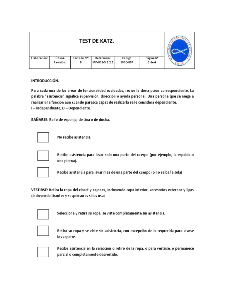 Test de Katz: Evaluación Funcional Geriátrica | PDF