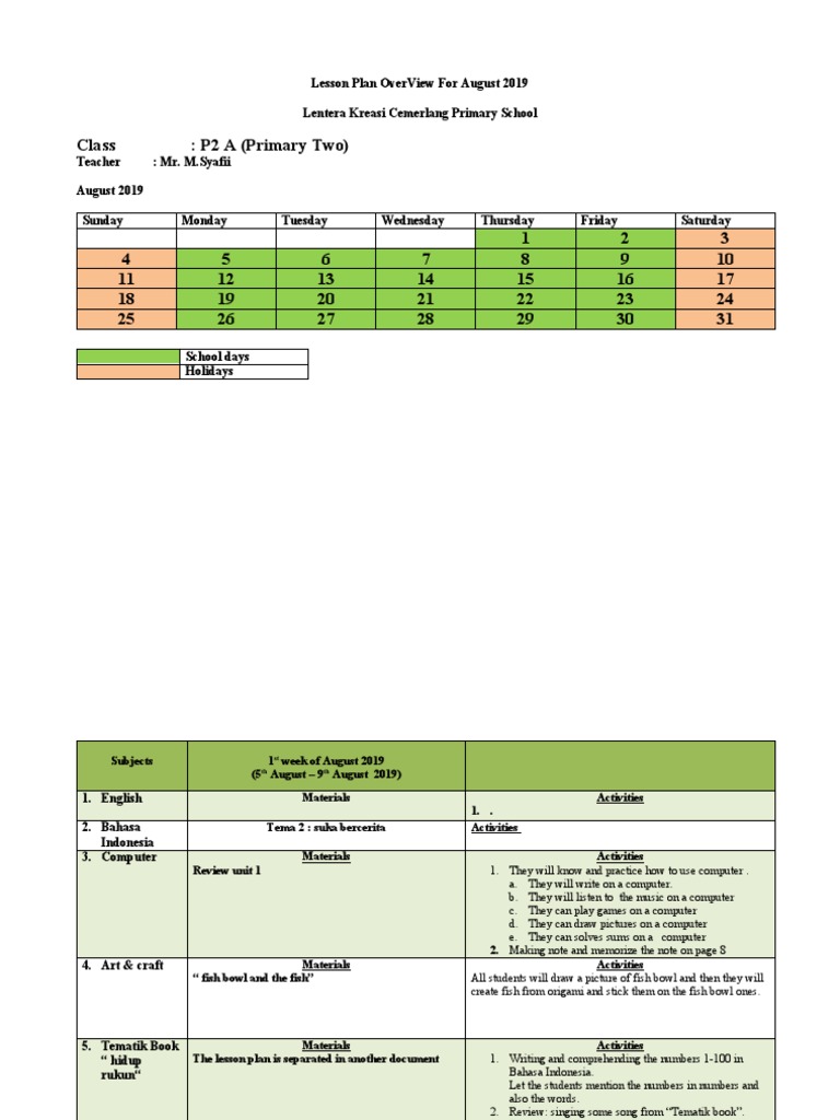 Lesson Plan of July 2019 P2 LKC | PDF