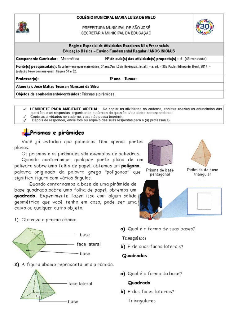 Atividades sobre prismas e pirâmides para o 5o ano | PDF | Triângulo | Geometria Euclidiana