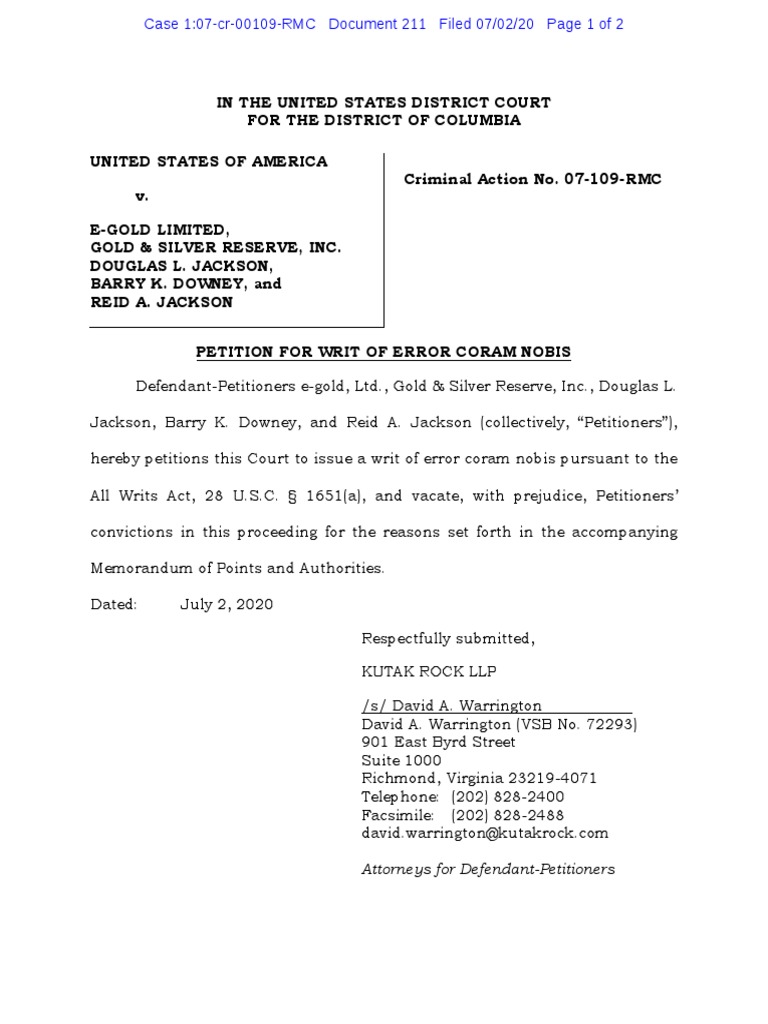 PETITION FOR WRIT OF ERROR CORAM NOBIS. Criminal Action No. 07-109 ...