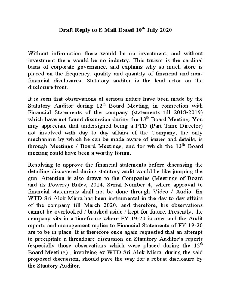 Draft Reply To E Mail Dated 10th July 2020 | PDF | Auditor's Report ...