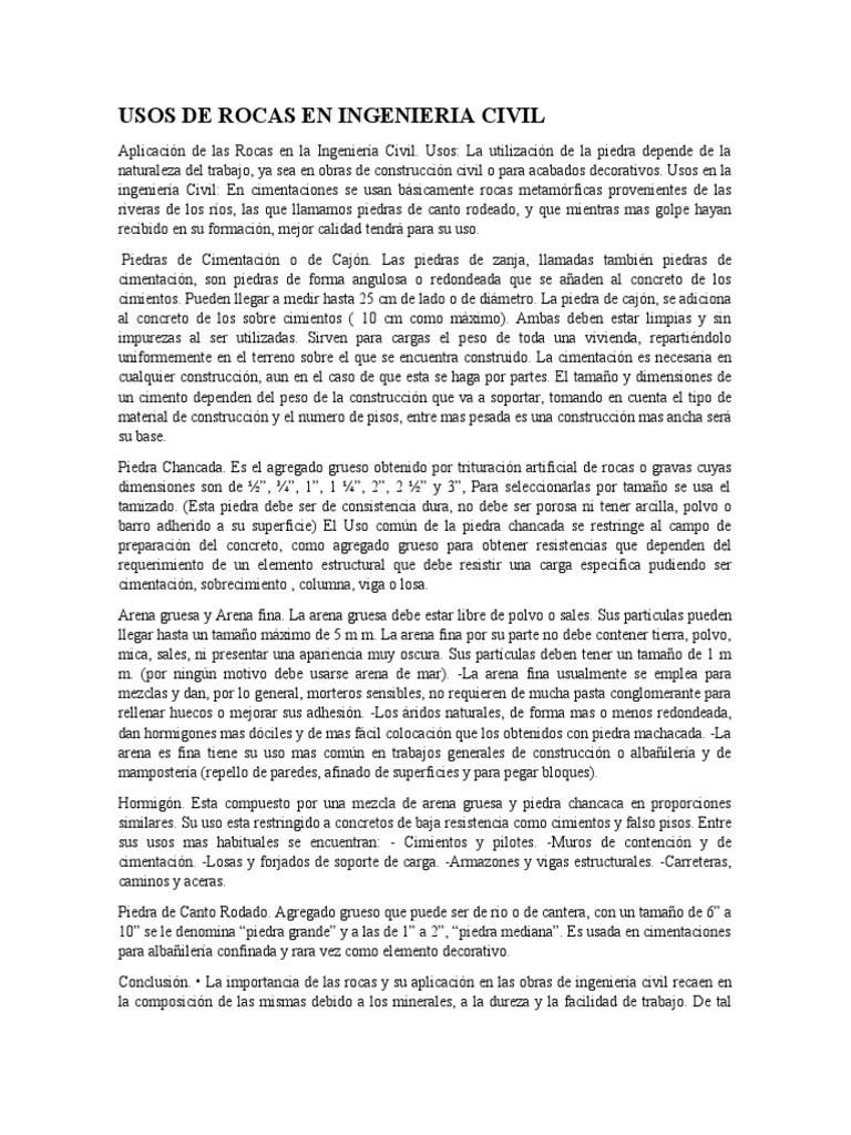 Usos de Rocas en Ingenieria Civil | PDF | Fundación (Ingeniería) | Hormigón