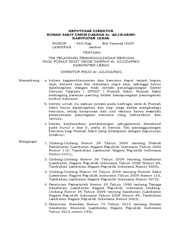 SK Direktur Tim Tanggap Bencana Rs 2020 | PDF
