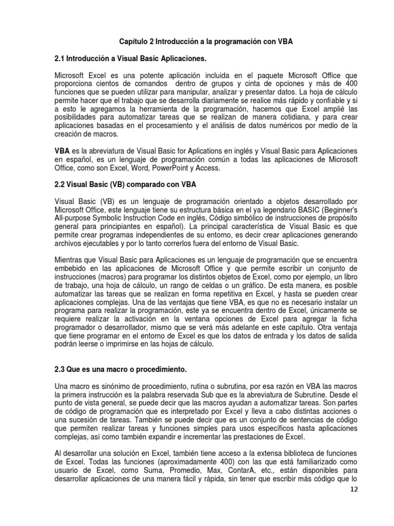 Capitulo 2 Introduccion A La Programacion en Vba | PDF | Básico | Microsoft Excel