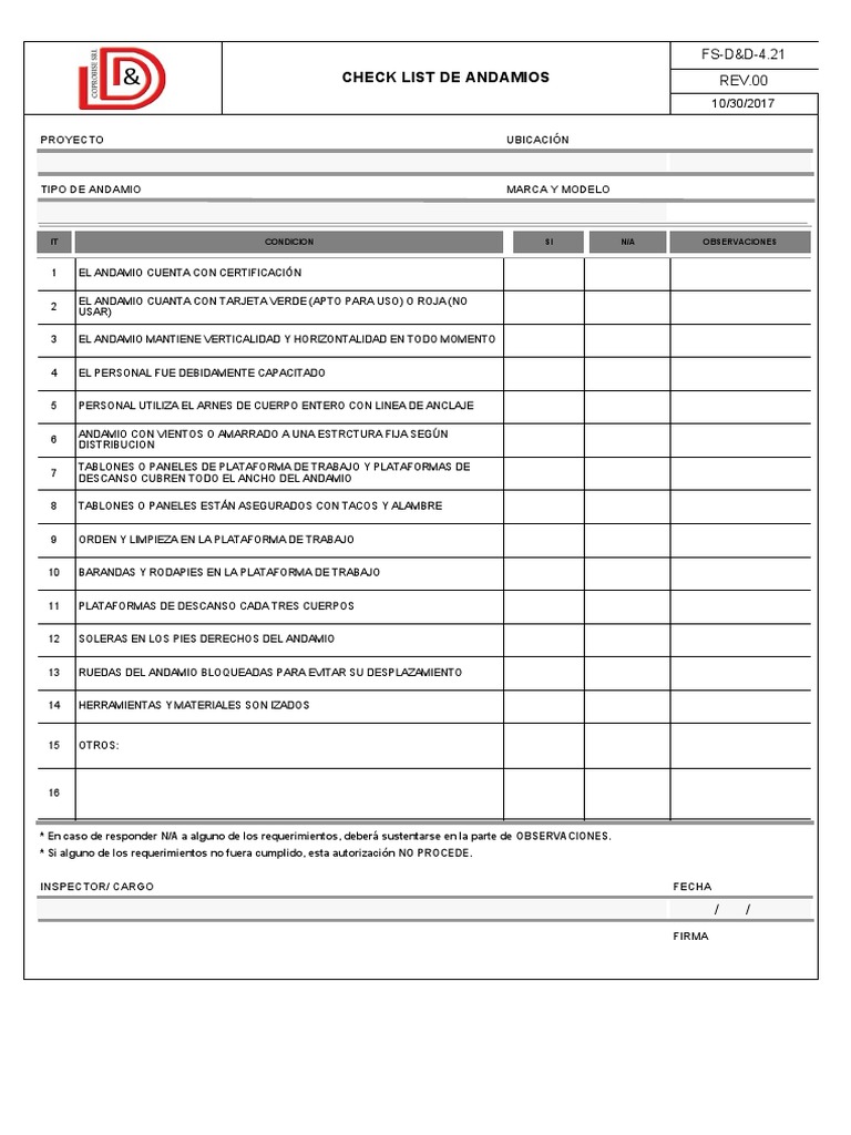 Checklist de Seguridad para Andamios | PDF