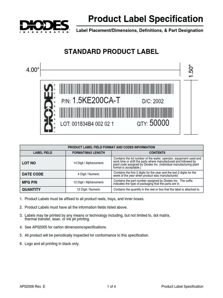 Product Label Specification: 1.5KE200CA-T 50000 | PDF | Specification ...