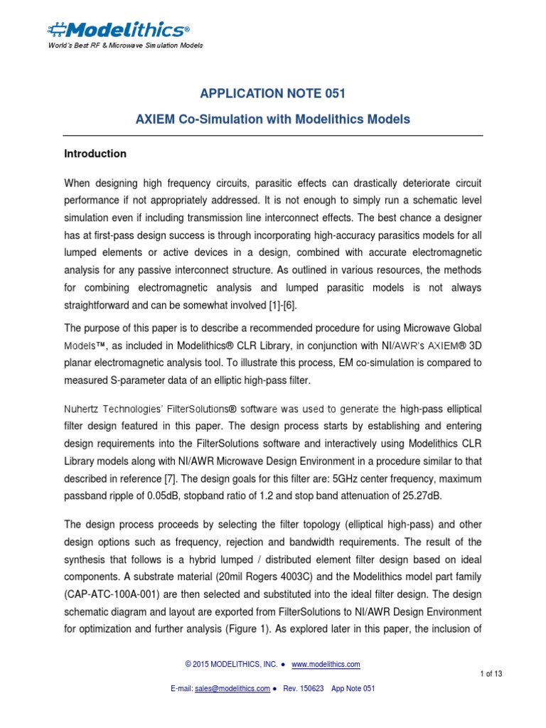 Application Note 051 AXIEM Co-Simulation With Modelithics Models | PDF | Electronic Filter ...
