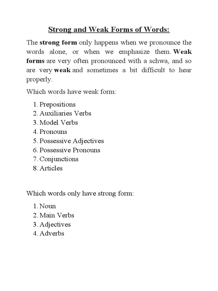 Strong and Weak Forms of Words:: Forms Are Very Often Pronounced With A ...