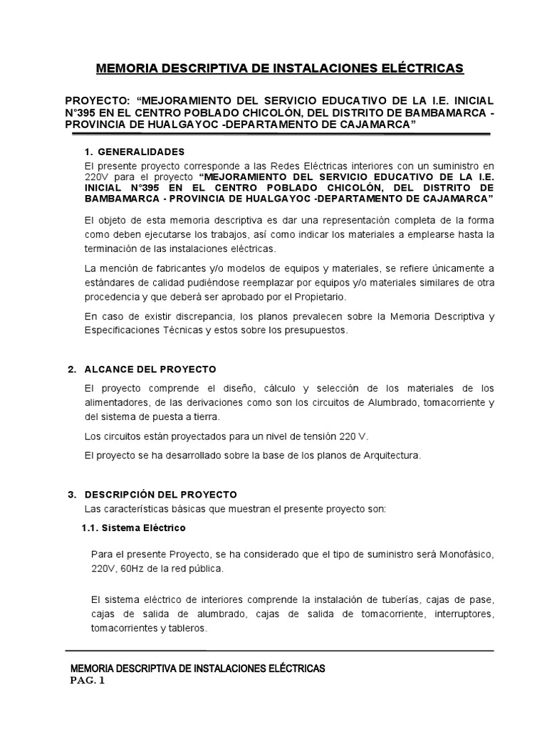 Memoria Descriptiva Electricas | PDF | Aislador (Electricidad) | Corriente eléctrica