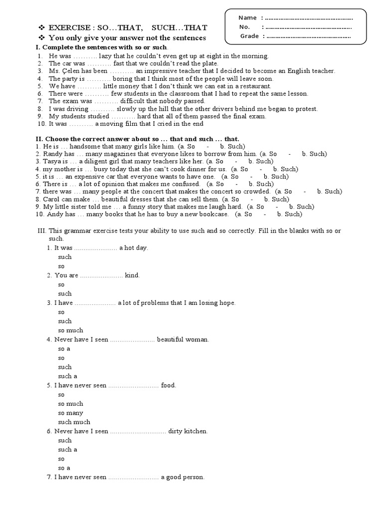 EXERCISE So That - Such That | PDF | Language Arts & Discipline
