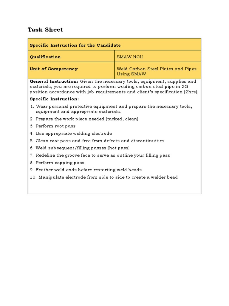 NCII SMAW Welding Task Checklist | PDF