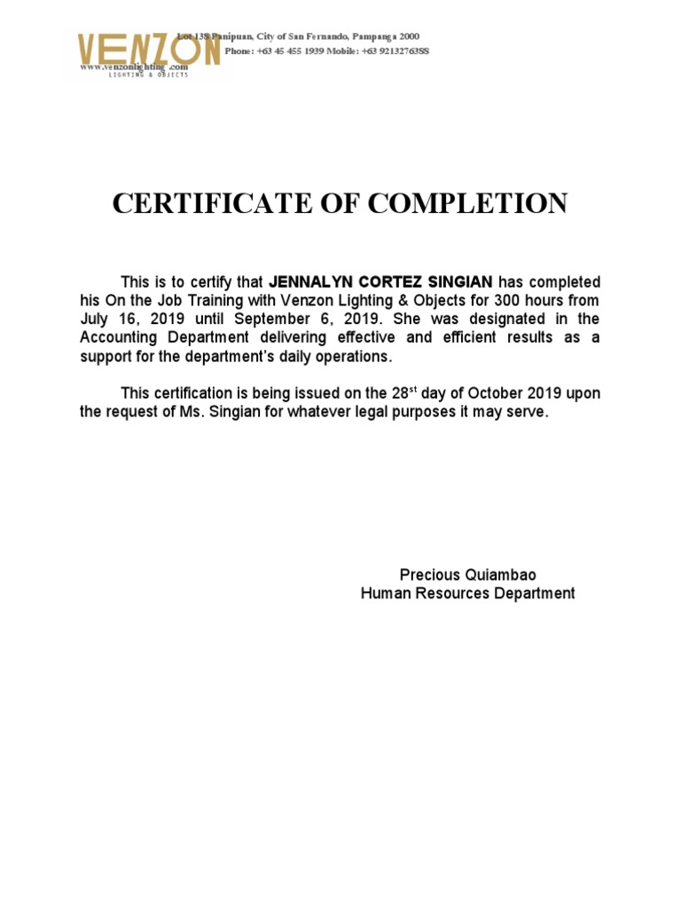 CERTIFICATION Ojt | PDF