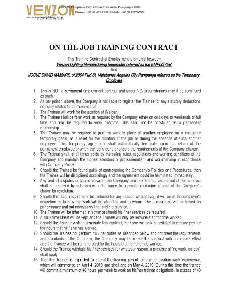 On The Job Training Contract | Download Free PDF | Overtime | Employment