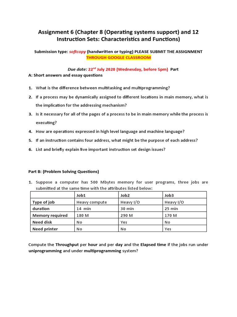 Assignment 6 (Chapter 8 (Operating Systems Support) and 12 Instruction Sets: Characteristics and ...
