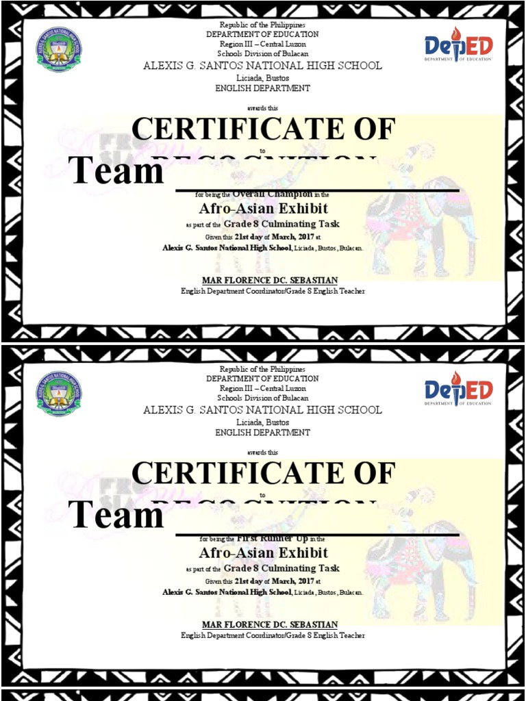 Certificate of Recognition: Team | PDF | Philippines | High Schools And ...