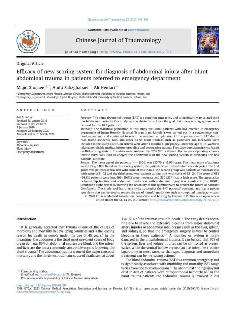 Efficacy of New Scoring System For Diagnosis of Abdominal Injury After ...