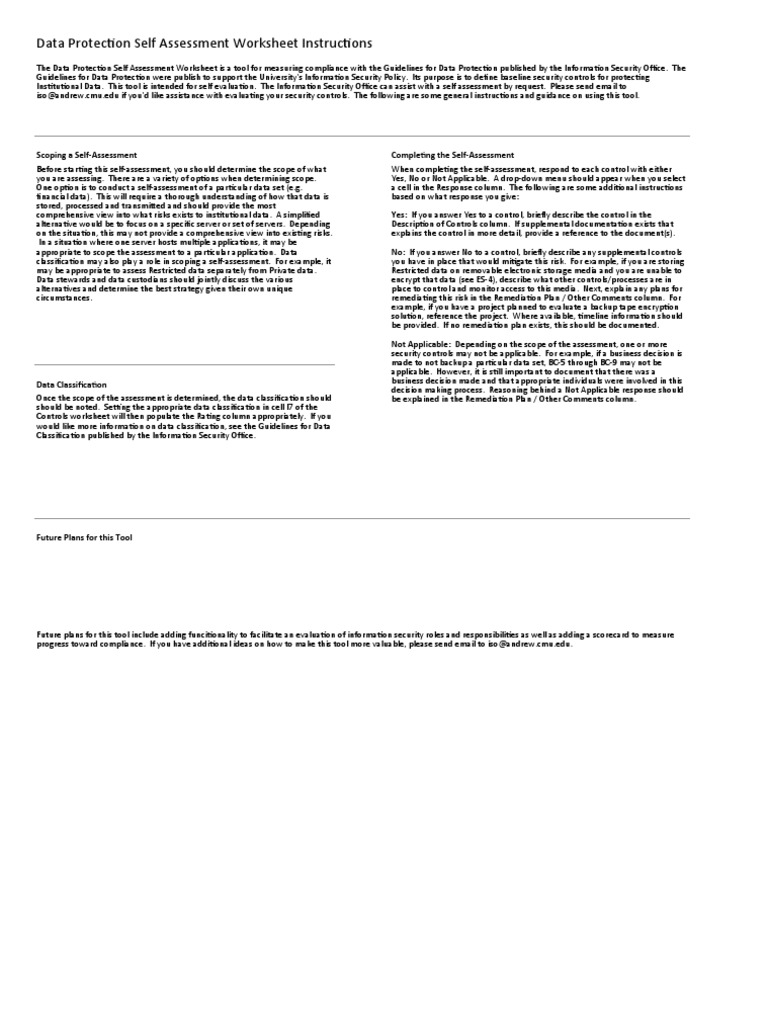 Data Protection Self Assessment Worksheet | PDF | Information Security ...