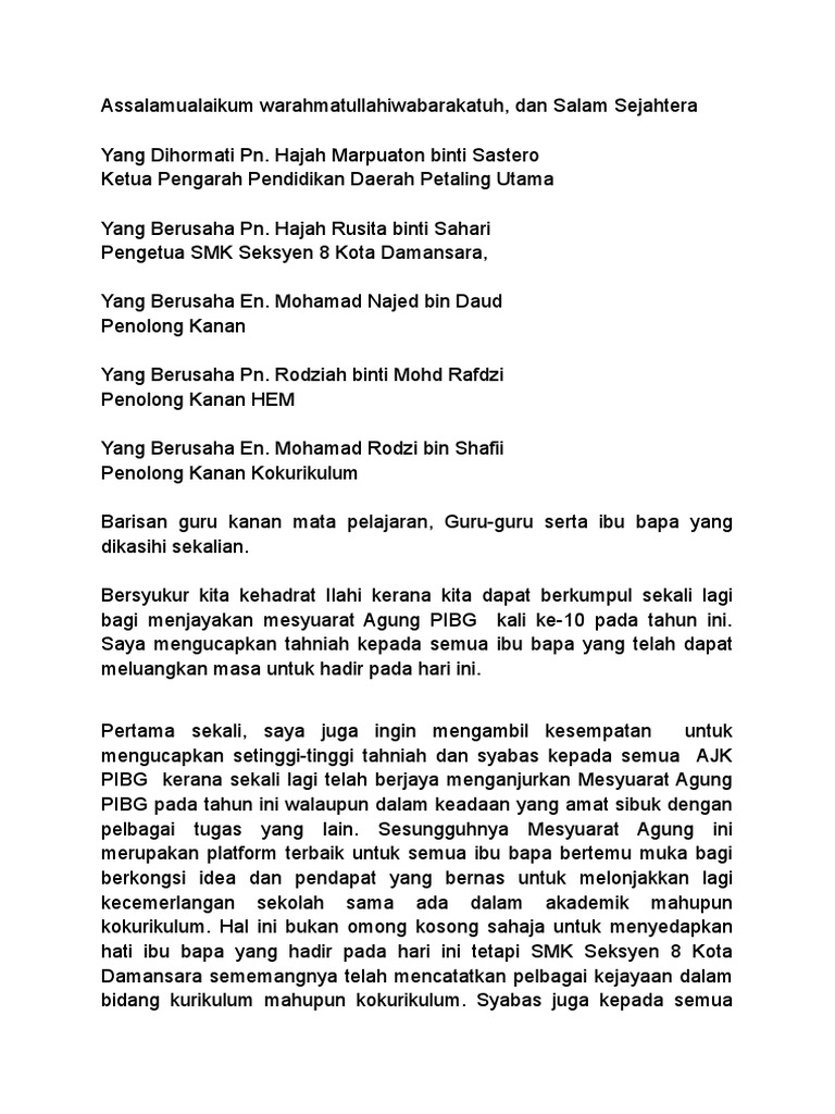 Teks Ucapan Ydp Pibg 2020 | PDF
