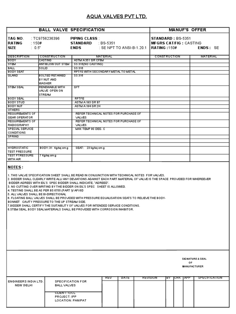 EIL - Specification Sheet123 | PDF | Valve | Chemical Engineering