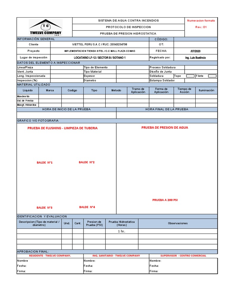 Protocolo Prueba de Presión Hidrostática | PDF | Ingeniería mecánica | Física Aplicada e ...