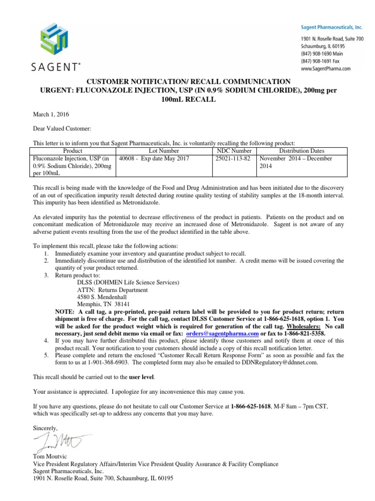 Fluconazole - Customer - Notification - Recall Communication - Letter ...