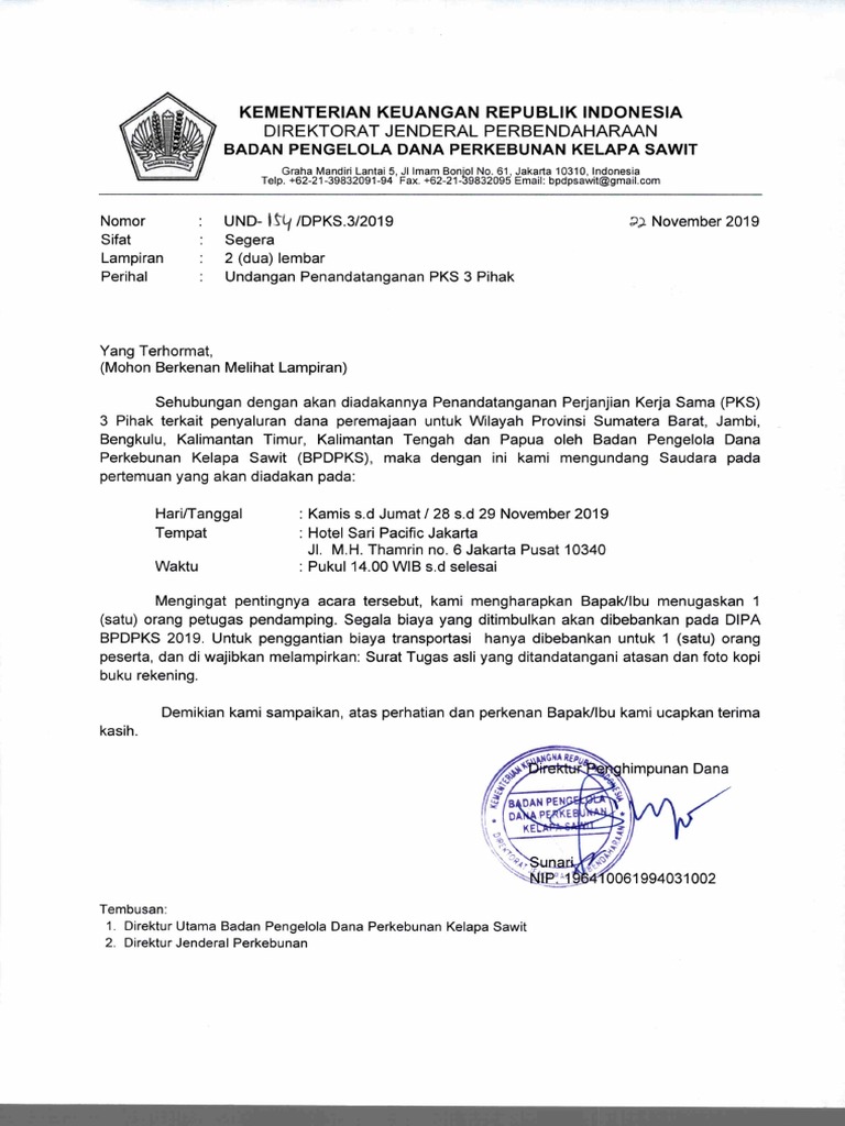 Undangan Penandatanganan PKS 3 Pihak Di Jakarta (Dinas) | PDF