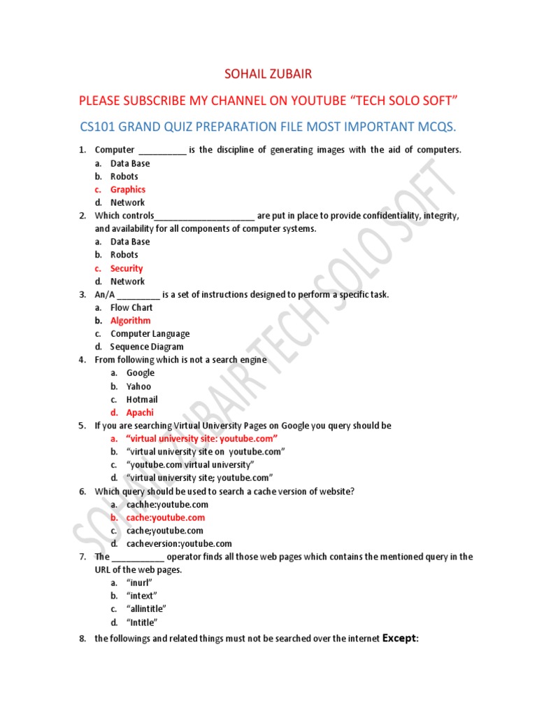 CS101 Quiz: Key MCQs for Prep | PDF | Computer Network | Data Compression