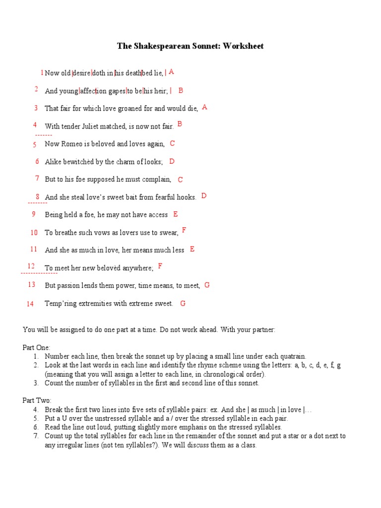 The Shakespearean Sonnet: Worksheet | PDF | Metre (Poetry) | Sonnets