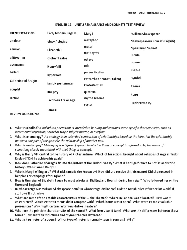 Handout - English 12 - Unit 2 - Sonnet and Renaissance Test Review ...