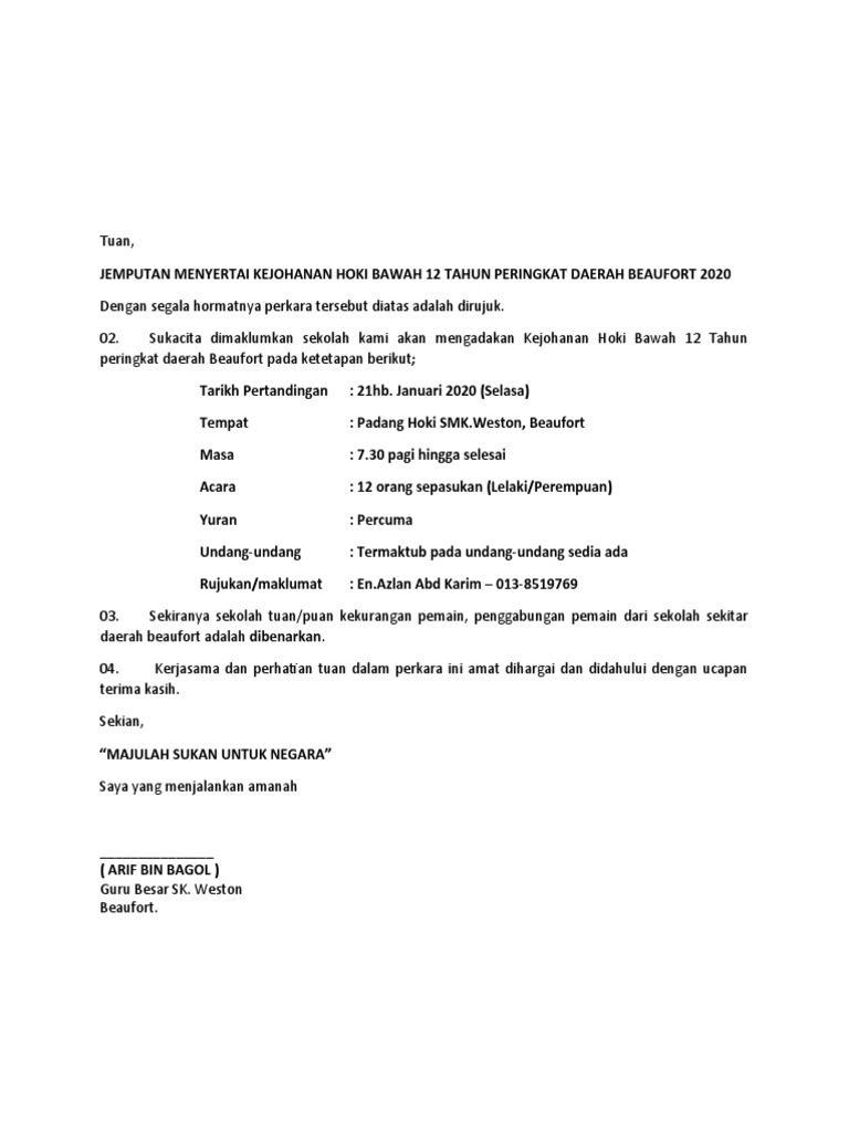 Surat Jemputan Pertandingan Hoki Daerah 2020 | PDF