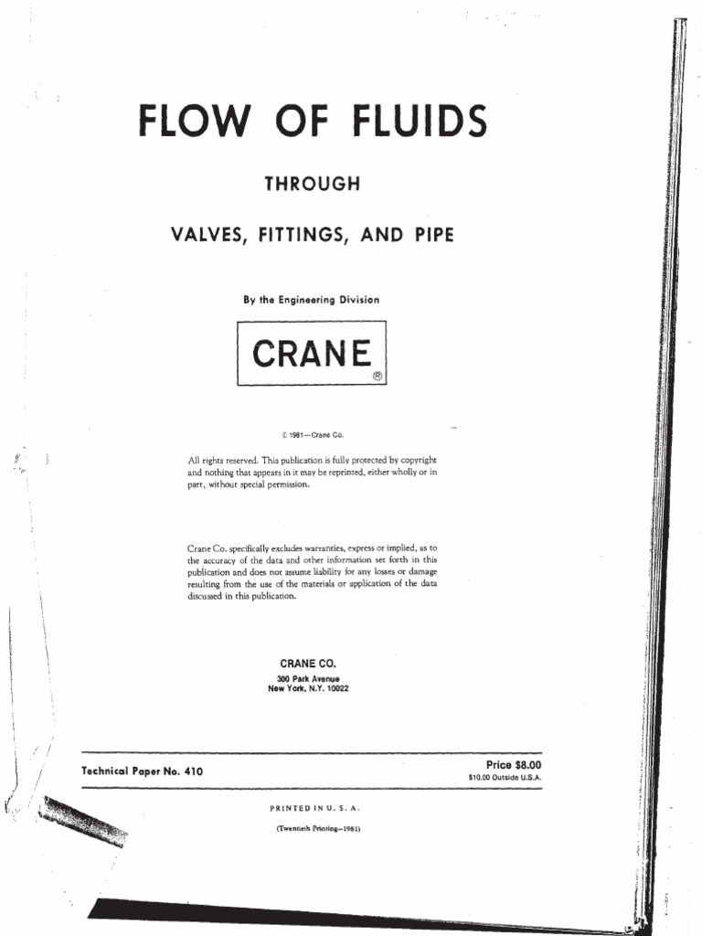 Crane Engineering Flow of Fluids Through Pipes Valves Fittings | PDF