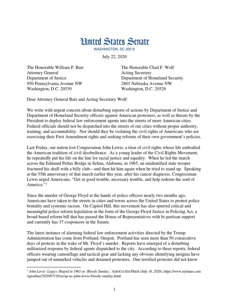 7.21.20 DHS DOJ Letter On Federal Officer Deployments in US Cities ...