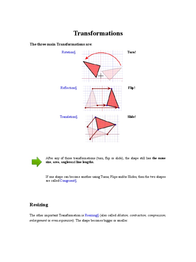 Transformations: The Three Main Transformations Are | PDF | Shape ...