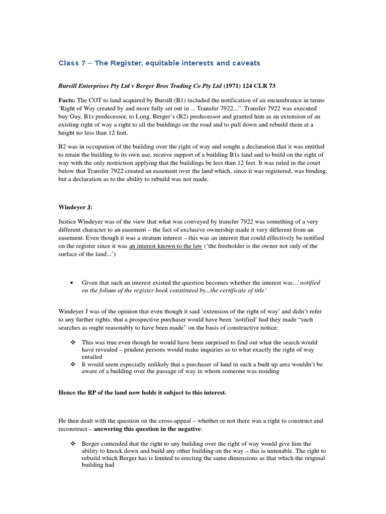 Class 7 - The Register, Equitable Interests and Caveats | PDF ...