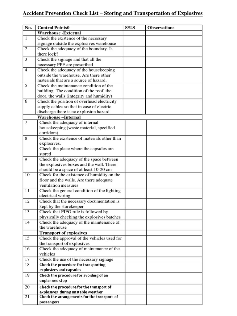 Accident Prevention Check List - Storing and Transportation of ...