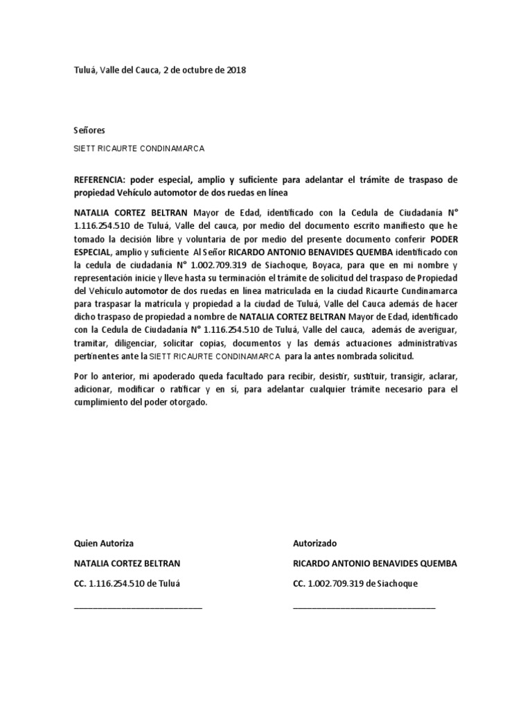 PODER DE AUTORIZACION Traspaso Automotor | PDF