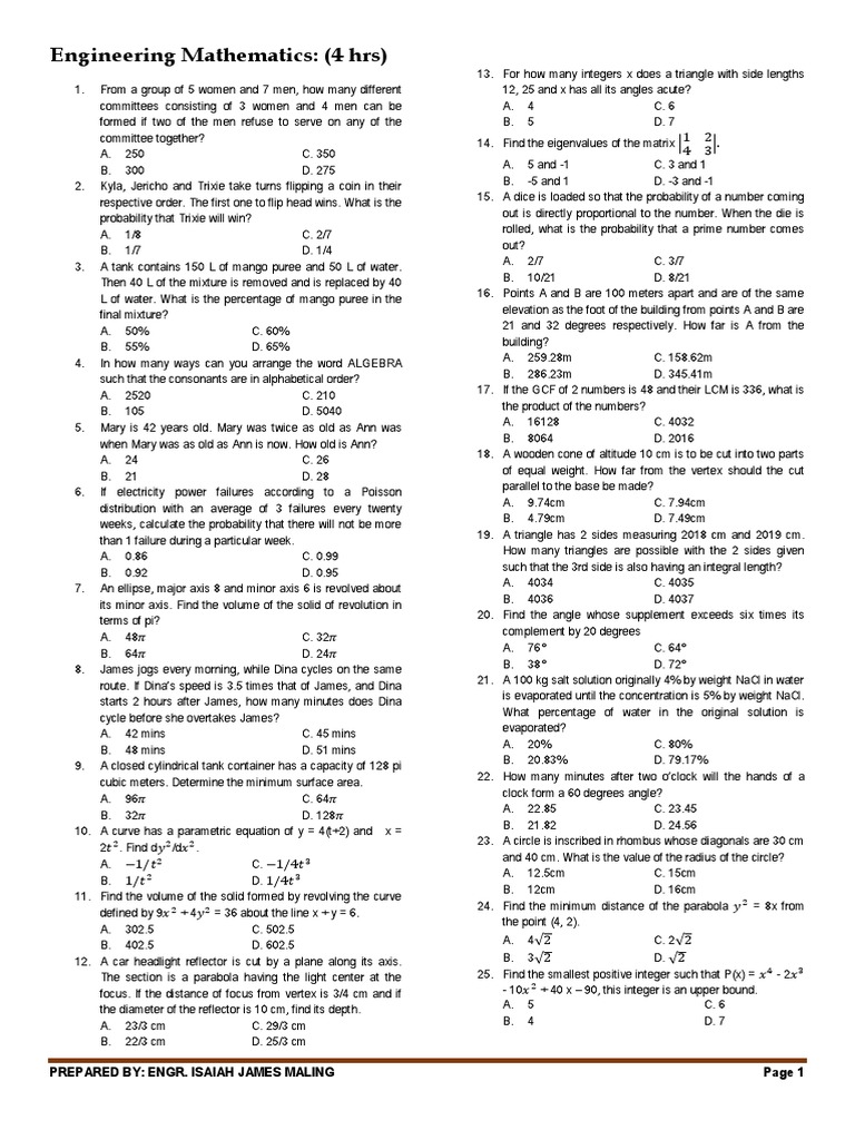 Engineering Mathematics: (4 HRS) : Prepared By: Engr. Isaiah James ...