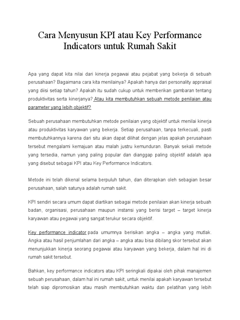 Cara Menyusun KPI Atau Key Performance Indicators Untuk Rumah Sakit | PDF