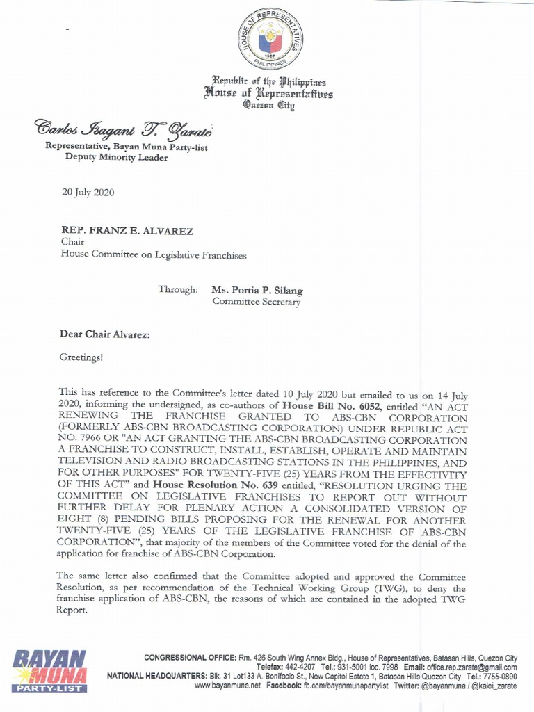 Makabayan Bloc Letter To House Legislative Franchise Panel | PDF