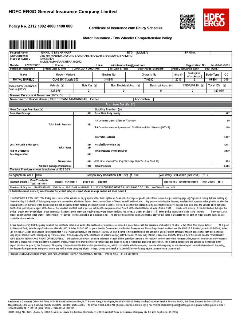 HDFC ERGO General Insurance Company Limited: Policy No. 2312 1002 4800 ...