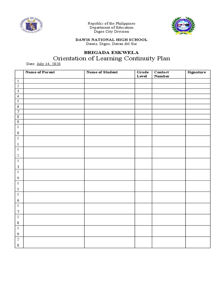 LEARNING CONTINUITY PLAN Attendance | PDF
