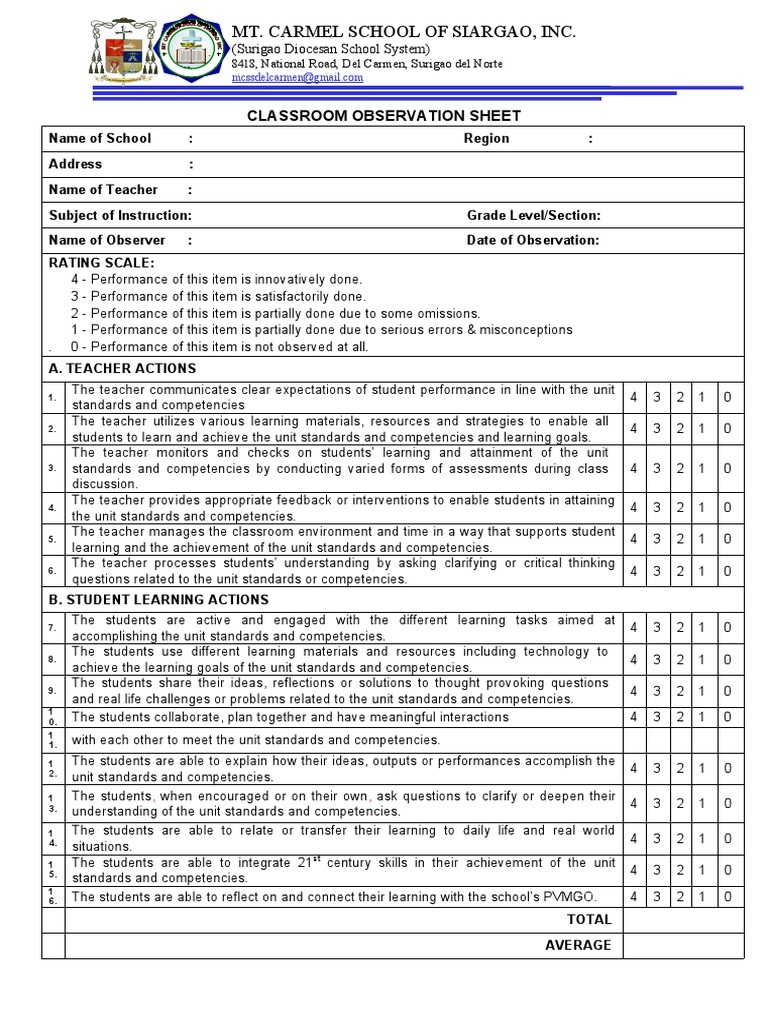 Mt. Carmel School of Siargao, Inc.: Classroom Observation Sheet | PDF ...