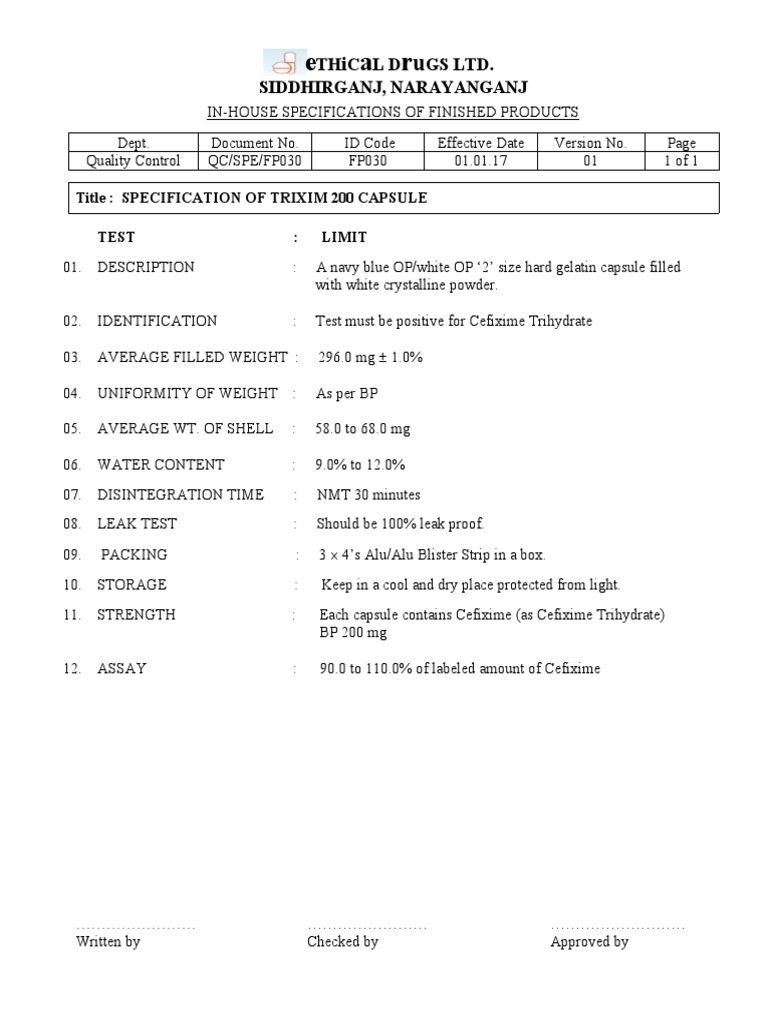 Trixim 200 Capsule Specifications & Testing | PDF | Absorbance | Solution