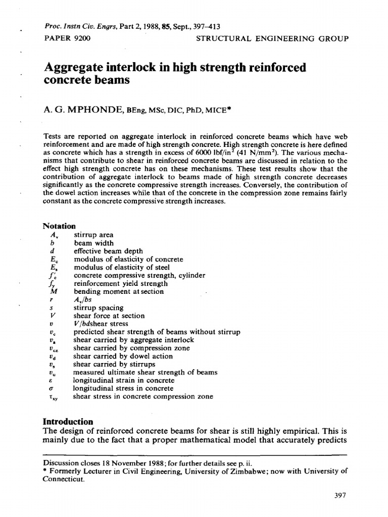 Aggregate Interlock in High Strength Reinforced Concrete Beams (1988 ...