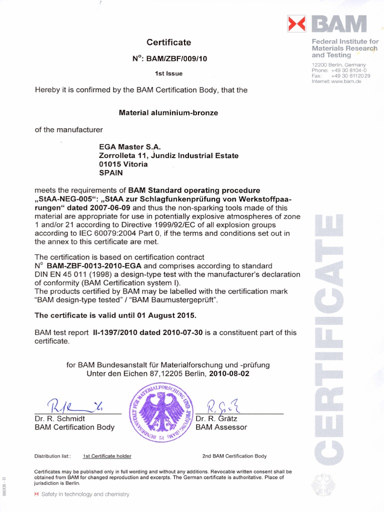 EgaMaster Test Certificate - AlBr | PDF