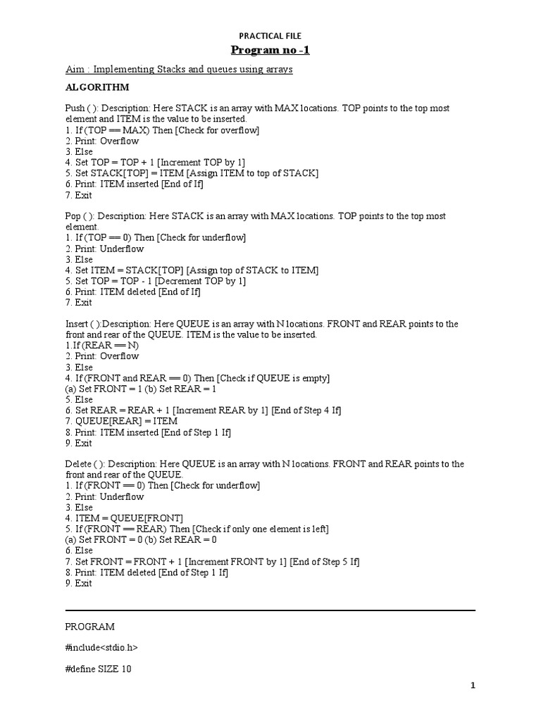 Program No - 1: Aim: Implementing Stacks and Queues Using Arrays | PDF | Queue (Abstract Data ...