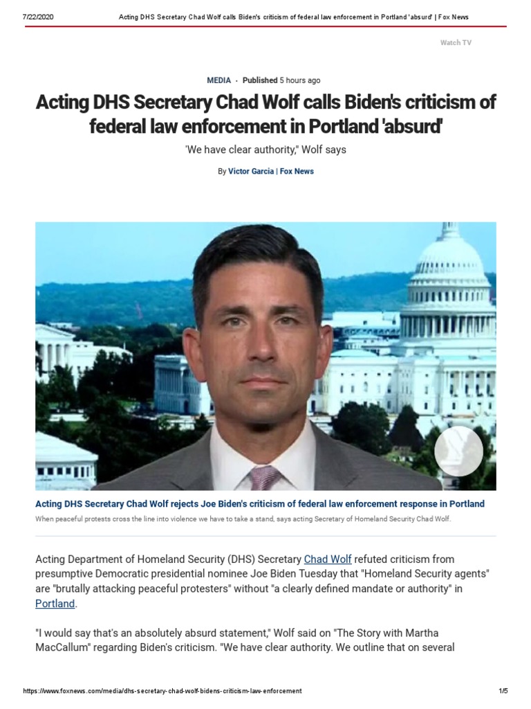 Acting DHS Secretary Chad Wolf Calls Biden's Criticism of Federal Law ...