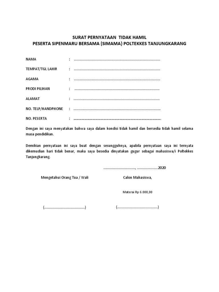 Surat Pernyataan Tidak Hamil | PDF