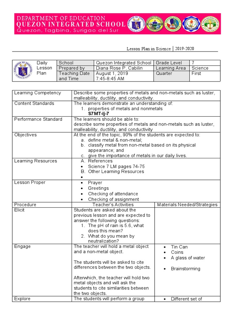 Lesson Plan in Science 7 | PDF | Metals | Lesson Plan